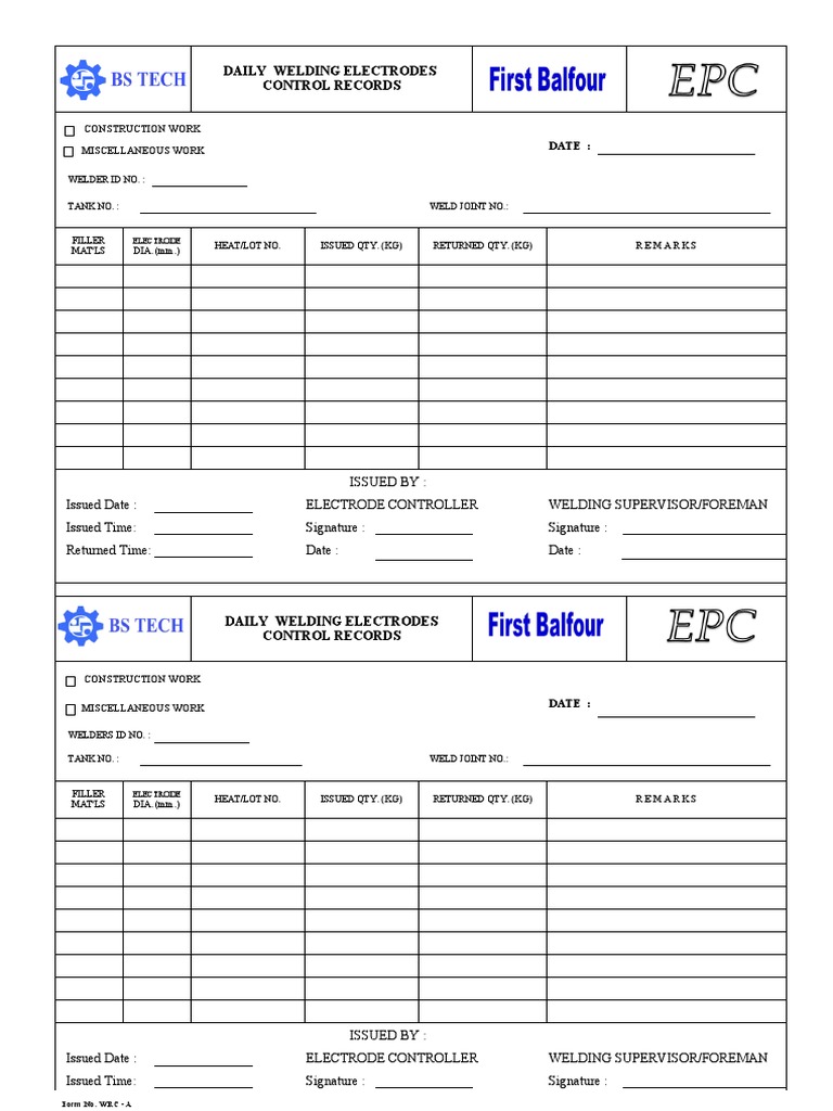 Daily Welding Electrodes Control Records: Construction Work ...