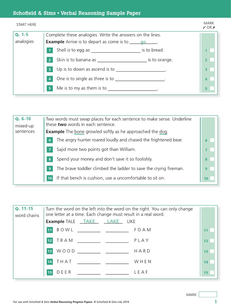 Schofield & Sims - Verbal Reasoning Sample Paper: Example Arrive Is To ...