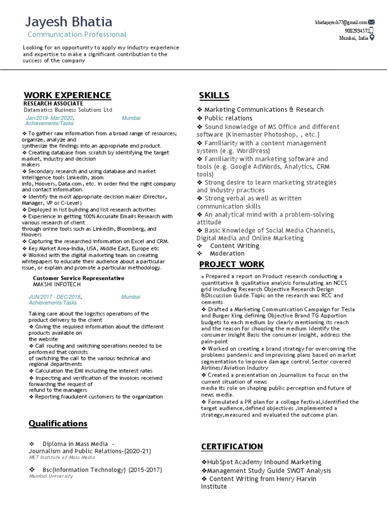 Jayesh Bhatia CV Reconstructed | PDF | Customer Relationship Management | Marketing