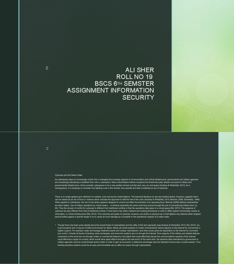 Ali Sher Roll No 19 Bscs 6 Semster Assignment Information Security | PDF | Security | Cyberwarfare