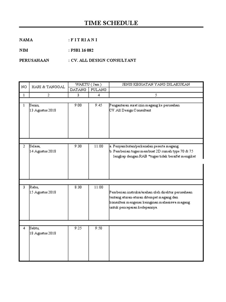 Time Schedule Magang | PDF | Teknologi & Rekayasa