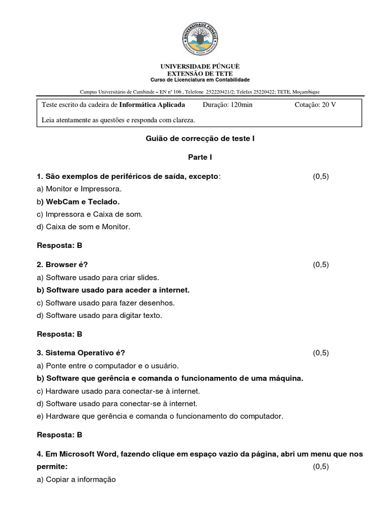 Correção de Teste de Informática Básica | PDF | Armazenamento de dados ...