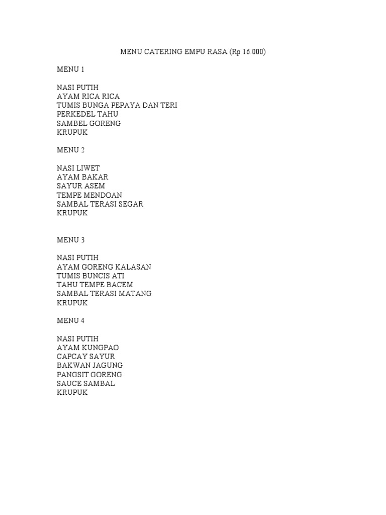 Menu Catering Karyawan Empru Rasa | PDF | Memasak, Makanan, & Anggur ...