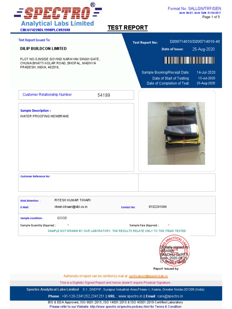 Waterproofing Membrane Test Report | PDF | Applied And ...