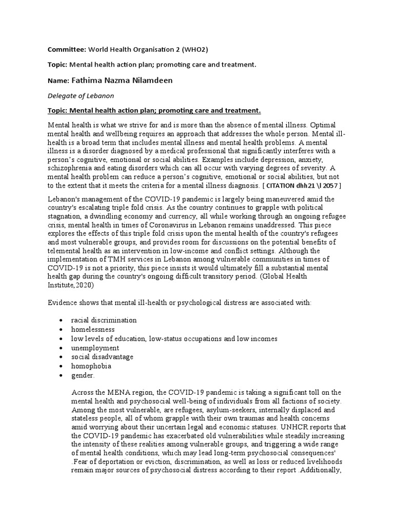 MUN 0.61 Position Paper Nazma | PDF | Mental Health | Mental Disorder