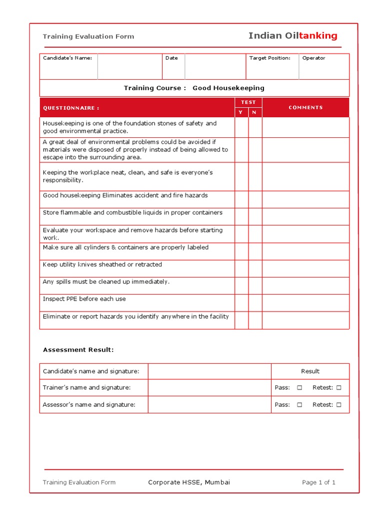 Training Evaluation Form - Good Housekeeping | PDF