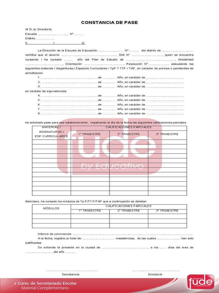 Constancia de Pase Escolar para Alumnos | PDF