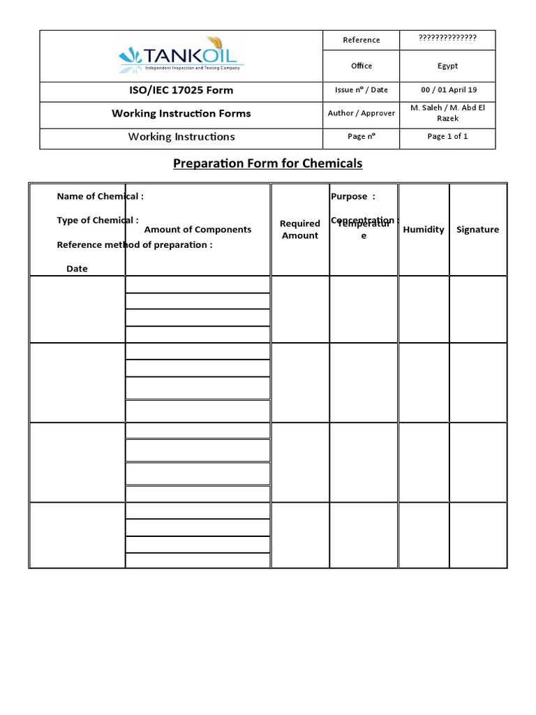 Preparation Form For Chemicals: ISO/IEC 17025 Form Working Instruction ...