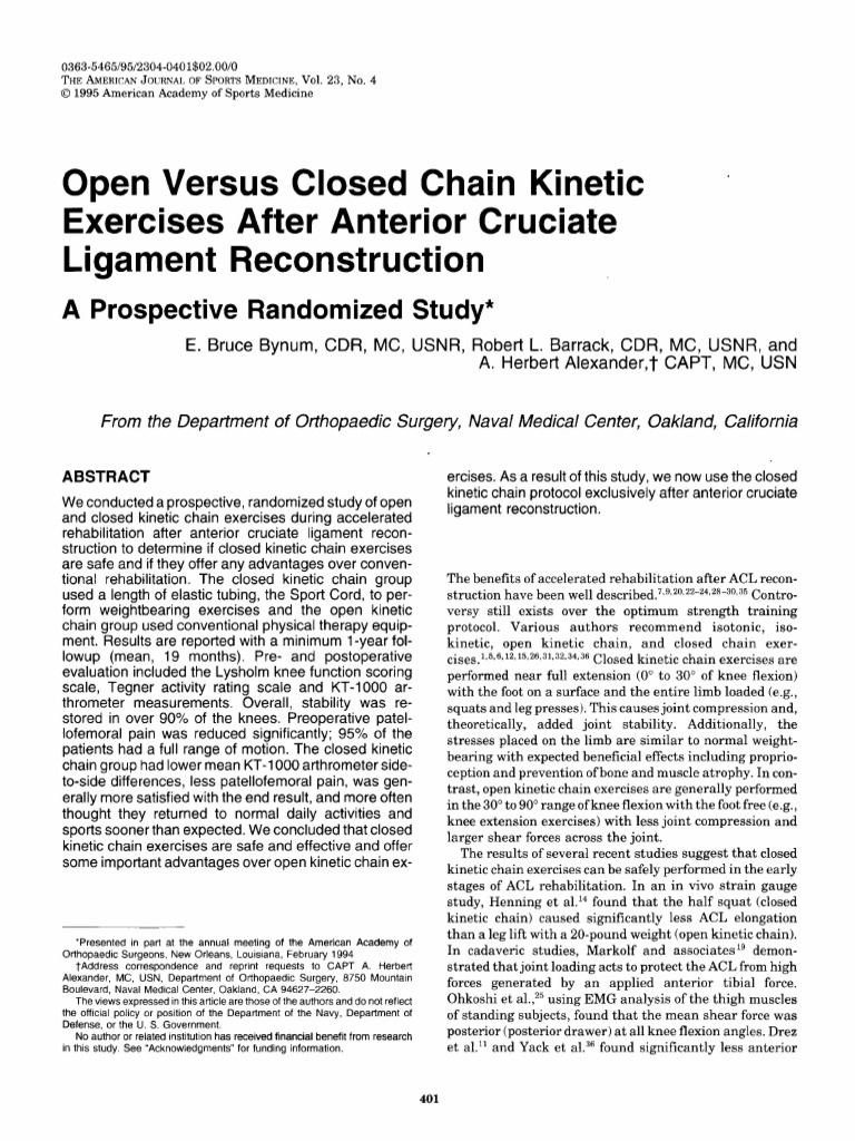Open Versus Closed Chain Kinetic Exercise After ACL Reconstruction ...