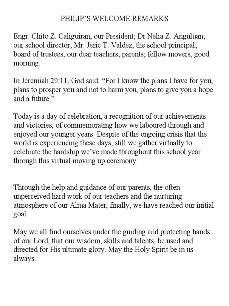 Welcome Remarks for Moving Up Ceremony | PDF | Self-Improvement | Lifestyle
