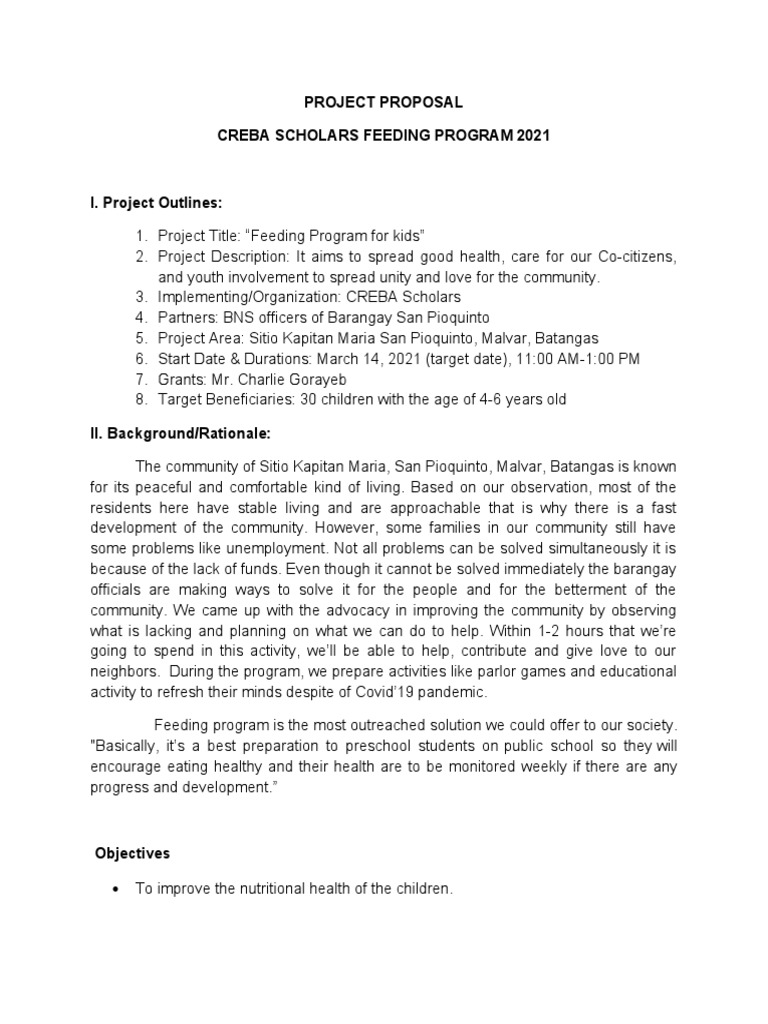 Project Proposal Creba Scholars Feeding Program 2021 | PDF | Nutrition ...