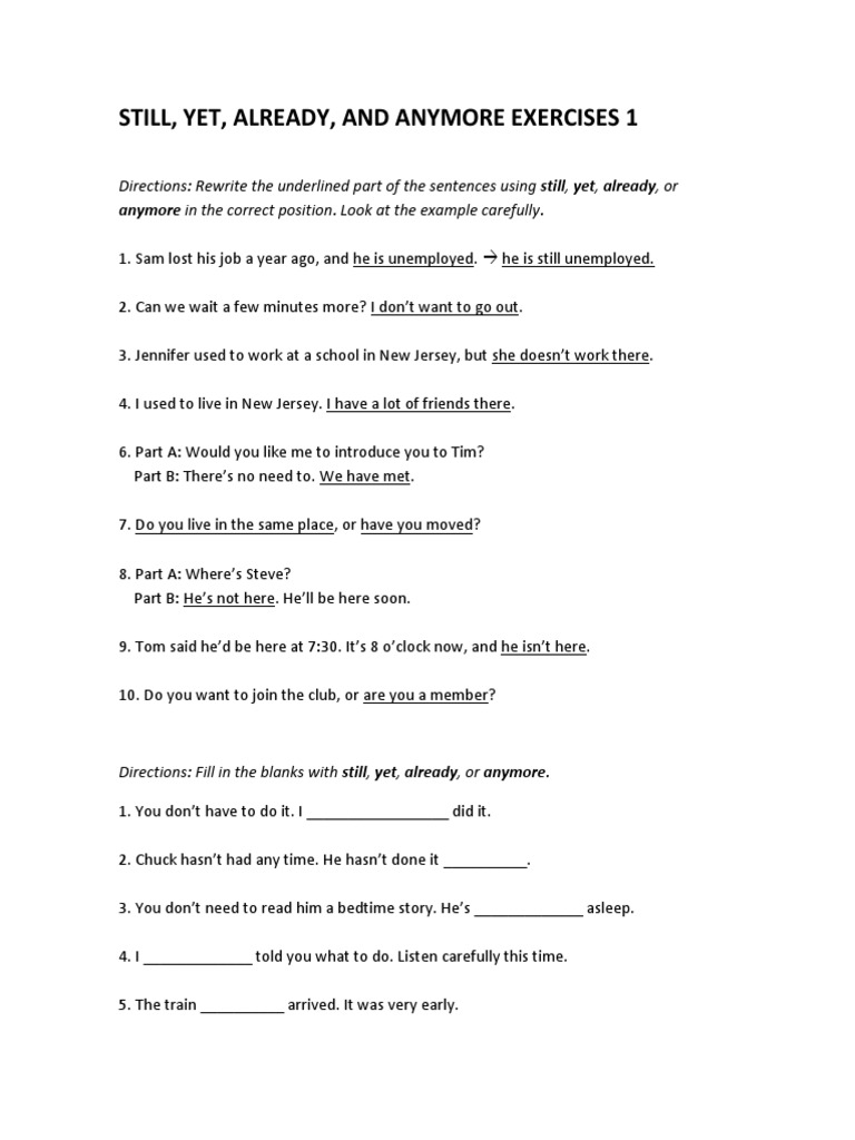 Using Already Yet Still and Anymore Exercises 1 | PDF