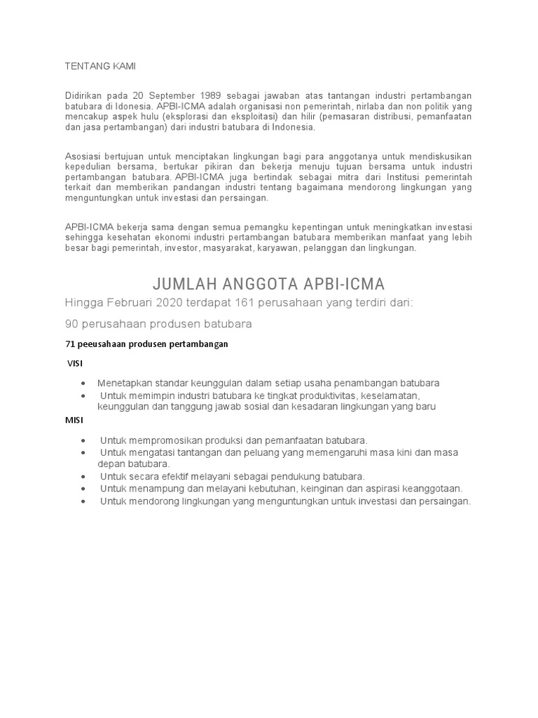 Jumlah Anggota Apbi-Icma: Hingga Februari 2020 Terdapat 161 Perusahaan Yang Terdiri Dari: 90 ...