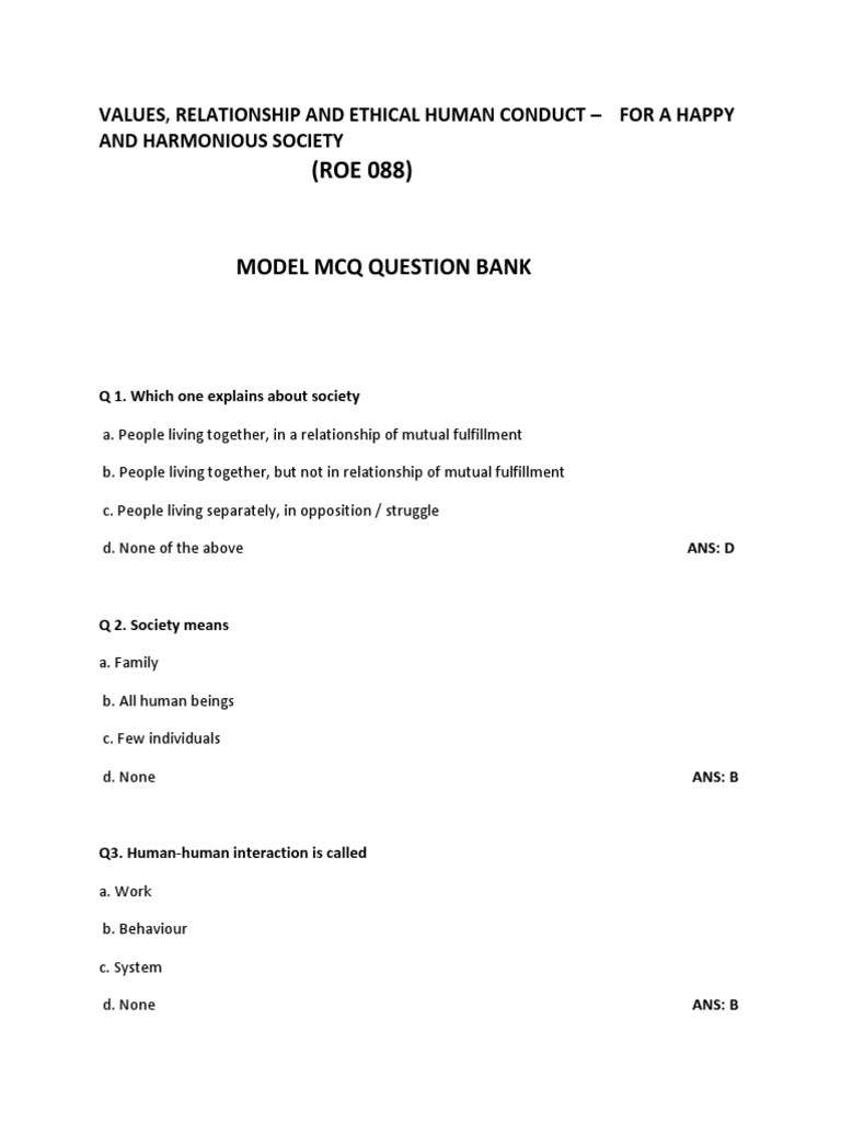 Model MCQ Question Bank: Values, Relationship and Ethical Human Conduct ...