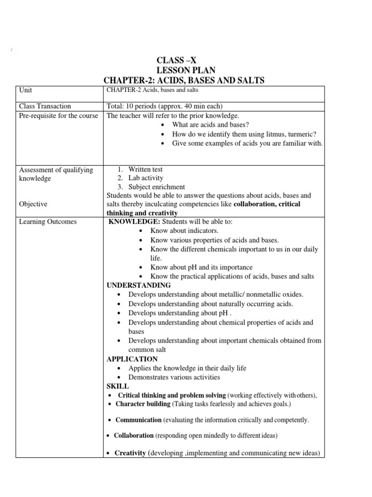Class - X Lesson Plan Chapter-2: Acids, Bases and Salts | PDF ...