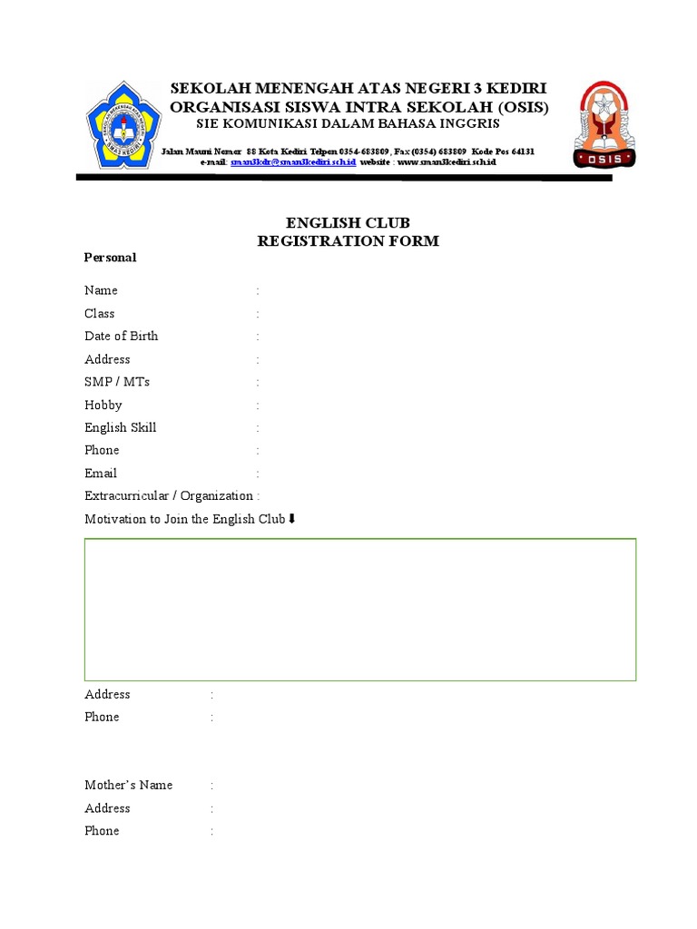 English Club Registration Form | PDF