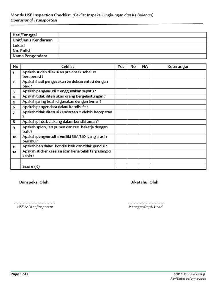 Ceklist Inspeksi Kendaraan Bulanan | PDF
