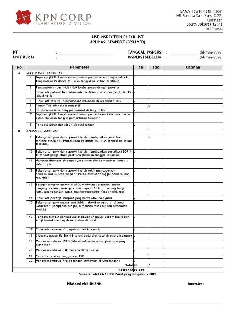 Checklist Inspeksi K3L Aplikasi Semprot | PDF