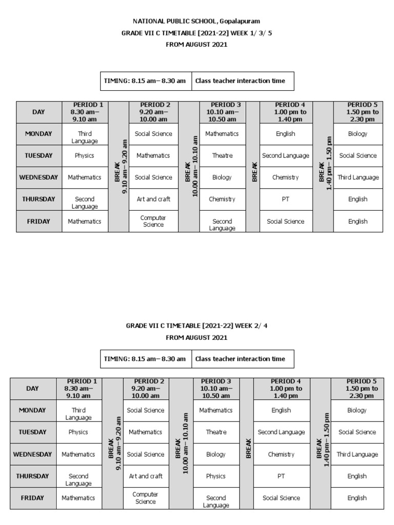 National Public School Grade 7 Timetable | PDF | Science And Technology ...