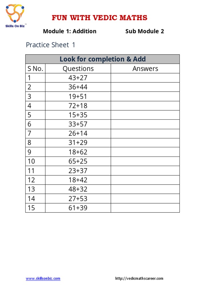 Vedic Math Worksheets 101 | PDF