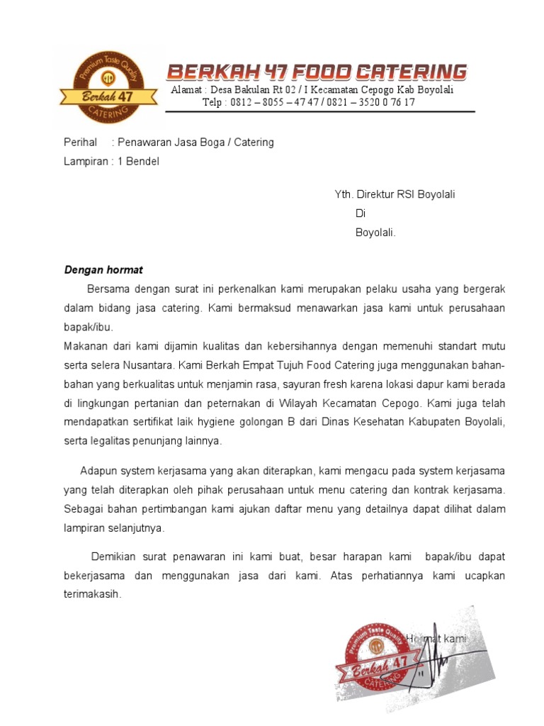 Surat Penawaran Berkah 47 Food Catering Kepada RSI Boyolali | PDF ...