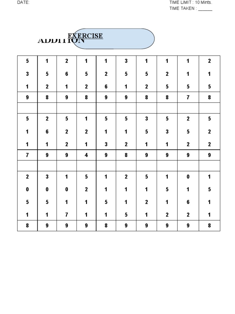 Answersheet (ADDITION Examples Excercise) | PDF
