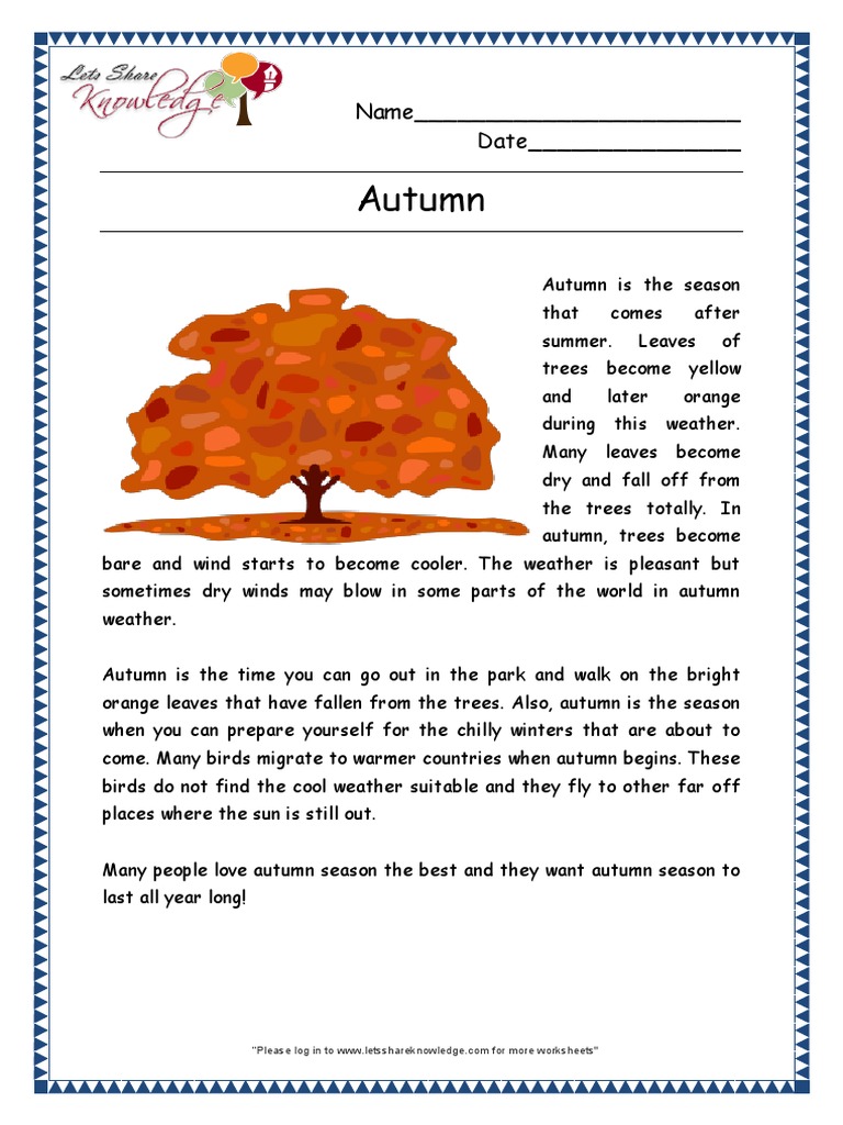 Autumn Grade 2 Comprehension Worksheet | PDF