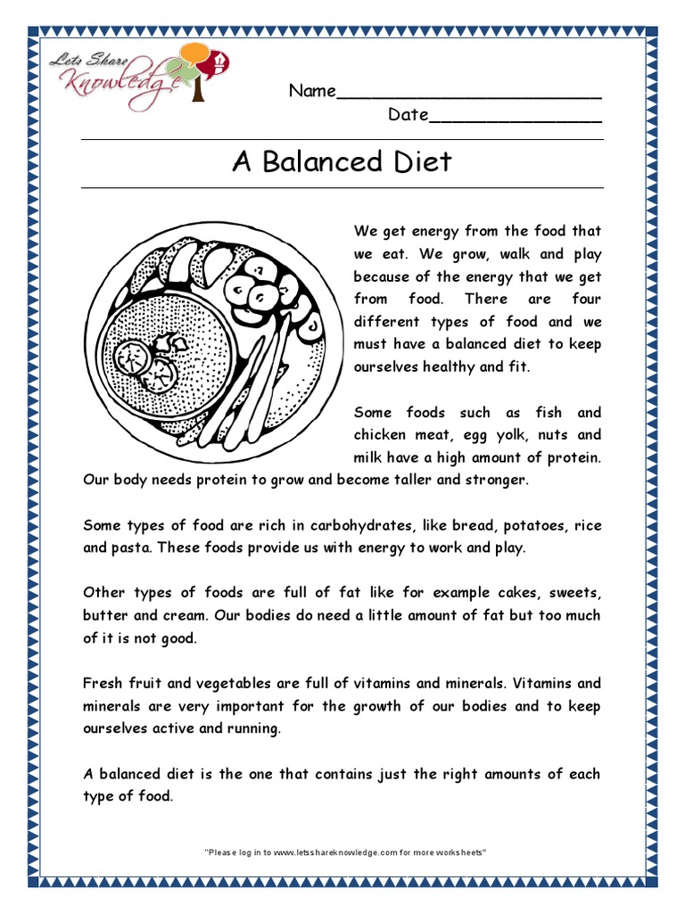 Balanced Diet Grade 2 Comprehension Worksheet | PDF | Foods | Healthy Diet