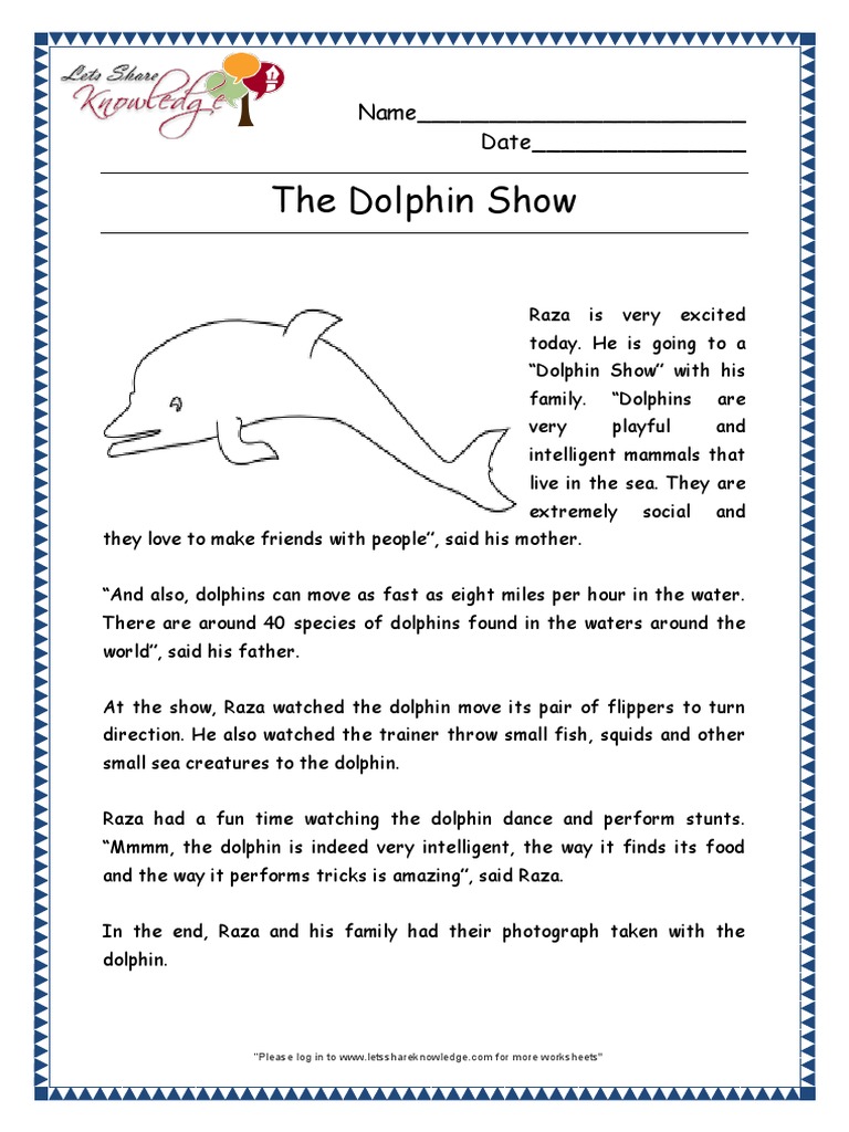 Dolphin Grade 2 Comprehension Worksheet | PDF | Dolphin | Ungulates