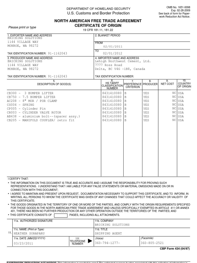 CBP Form 434 | PDF | Identity Document | Government