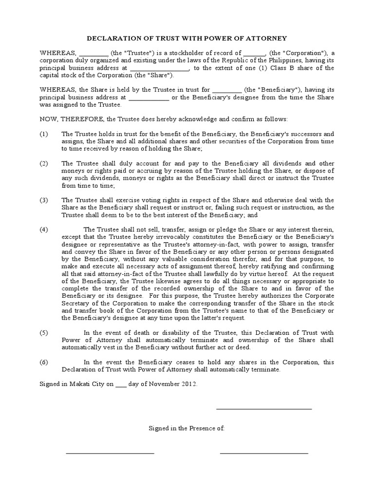 Declaration of Trust With Power of Attorney | PDF | Trust Law | Trustee