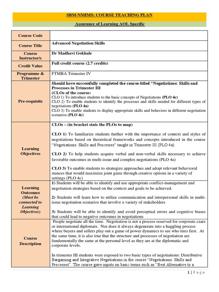 Advanced Negotiation Skills - Course Outline - Trim IV 2021-22 | PDF ... Advanced Negotiation Skills - Course Outline - Trim IV 2021-22 | PDF ...