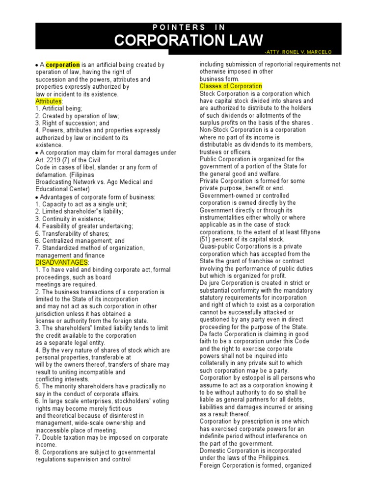 Key Concepts in Corporation Law | PDF | Corporations | Stocks