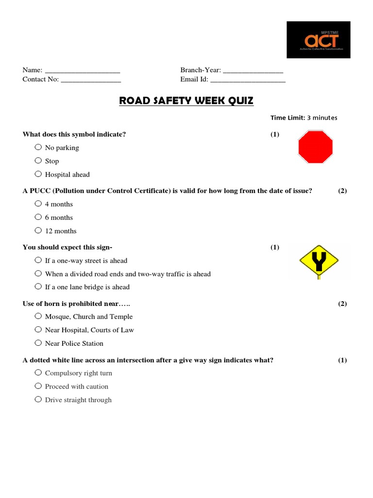 Road Safety Week Quiz Questions | PDF | Traffic | Road Traffic Safety