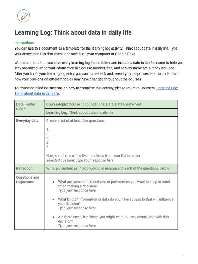 Learning Log Template: Think About Data in Daily Life | PDF