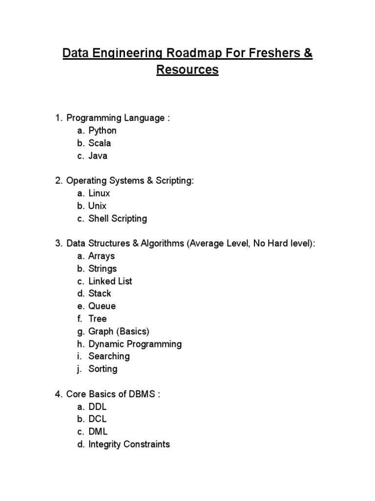 Data Engineering Roadmap For Freshers & Resources | PDF | Apache Spark | Amazon Web Services