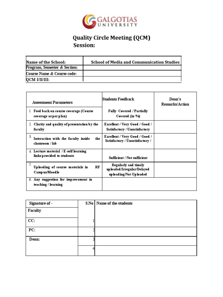 Quality Circle Meeting (QCM) Session:: Name of The School: School of ...