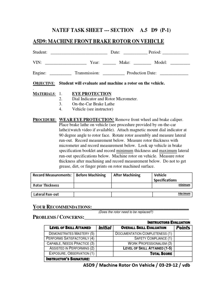 Natef Task Sheet - Section A.5 D9 (P-1) A5D9: Machine Front Brake Rotor ...