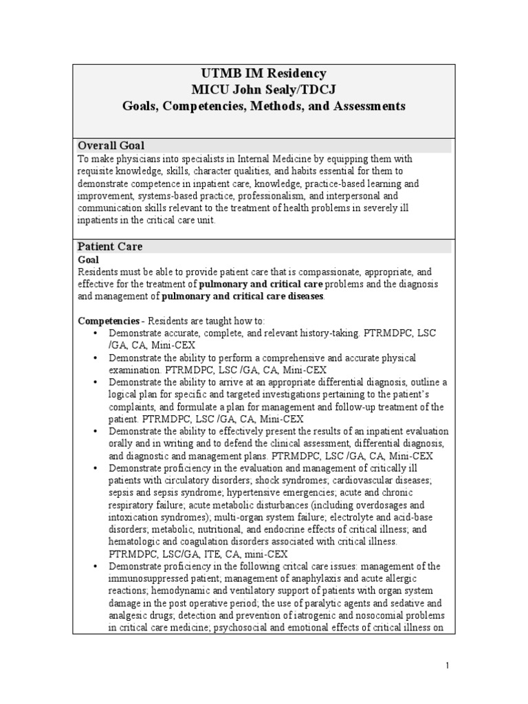 UTMB IM Residency MICU John Sealy/TDCJ Goals, Competencies, Methods ...