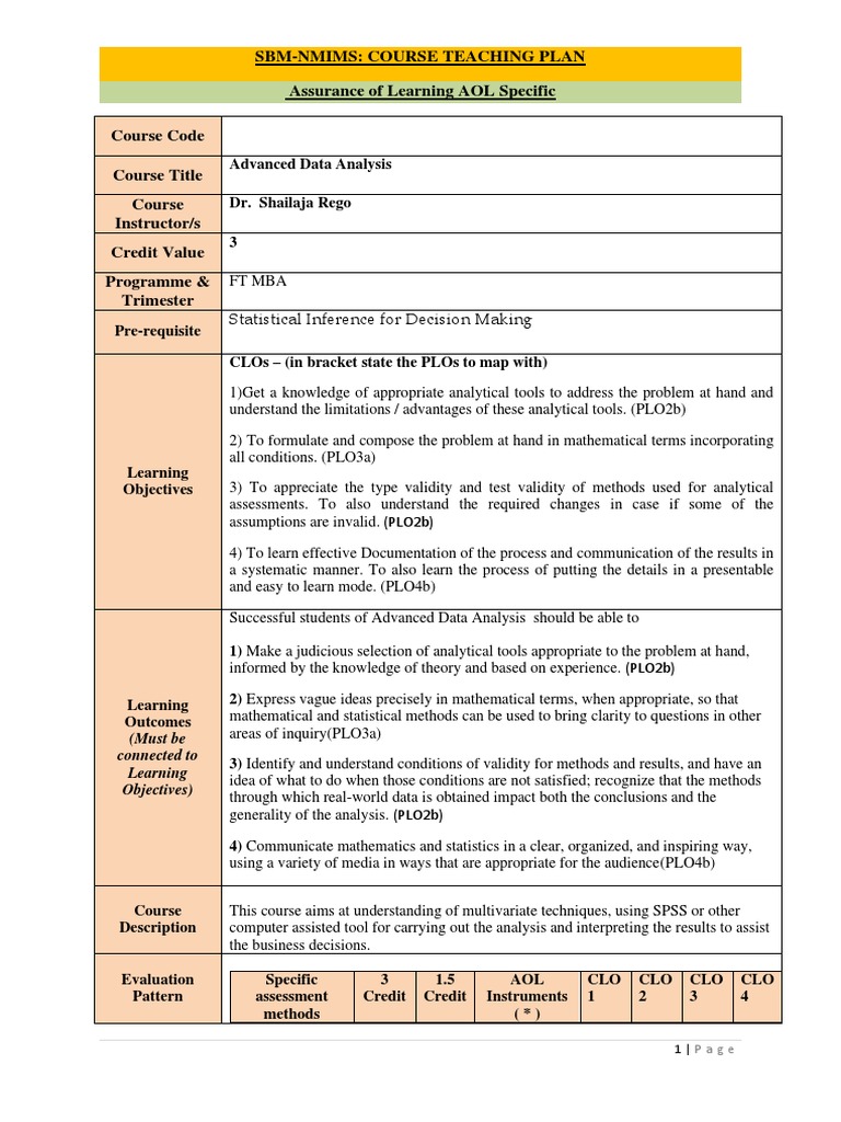 1 Advanced Data Analysis-Course Outline | PDF | Regression Analysis ... 1 Advanced Data Analysis-Course Outline | PDF | Regression Analysis ...