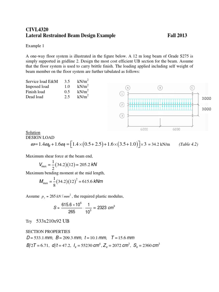 CIVL4320 Lateral Restrained Beam Design Example Fall 2013: (Table 4.2 ...