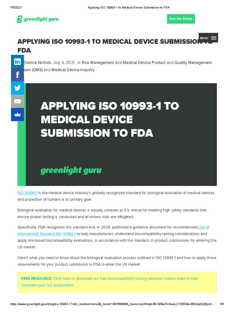 Applying ISO 10993-1 To Medical Device Submission To FDA | Download ...