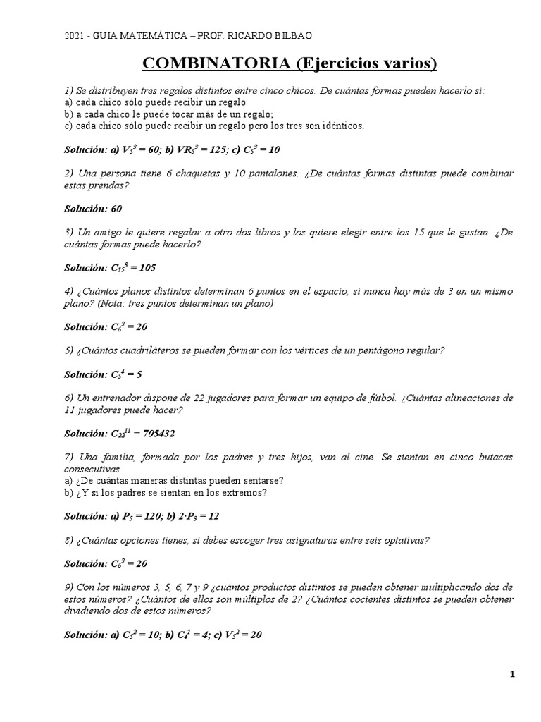COMBINATORIA (Ejercicios Varios) | PDF | Combinatoria