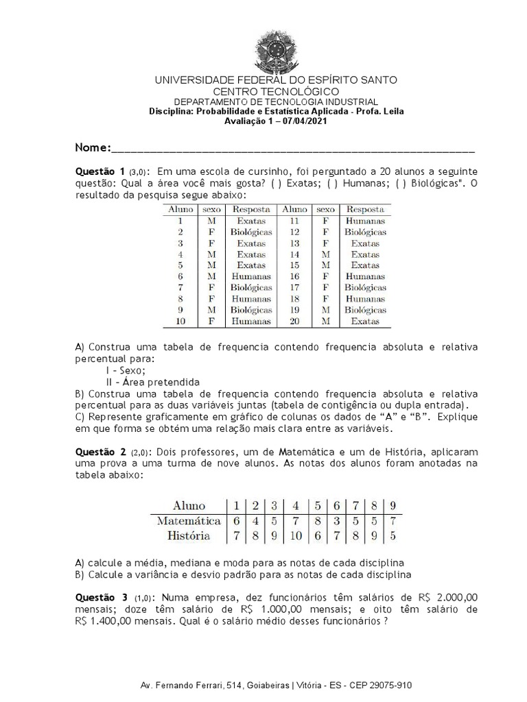 Prova 1 Estatistica 2020 - 2 - Prova de Estatística Básica | PDF ...