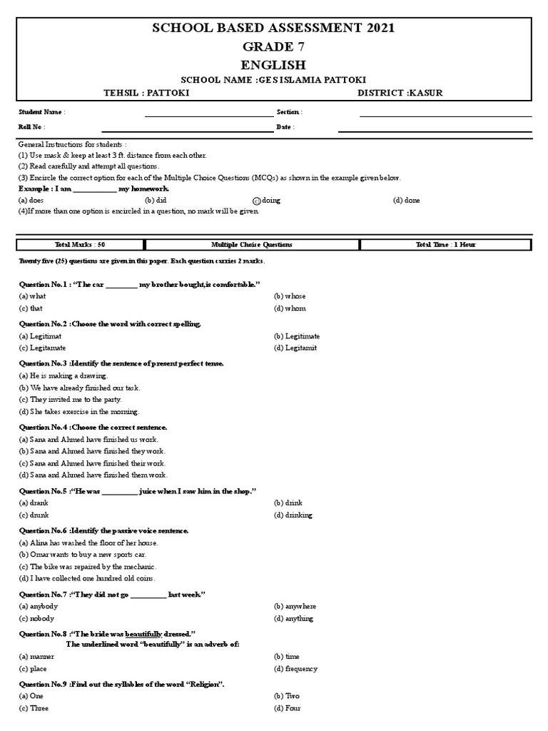 School Based Assessment 2021 Grade 7 English: School Name:Ges Islamia ...