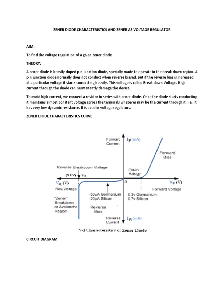 Zener Diode Characteristics and Zener As Voltage Regulator | PDF ...
