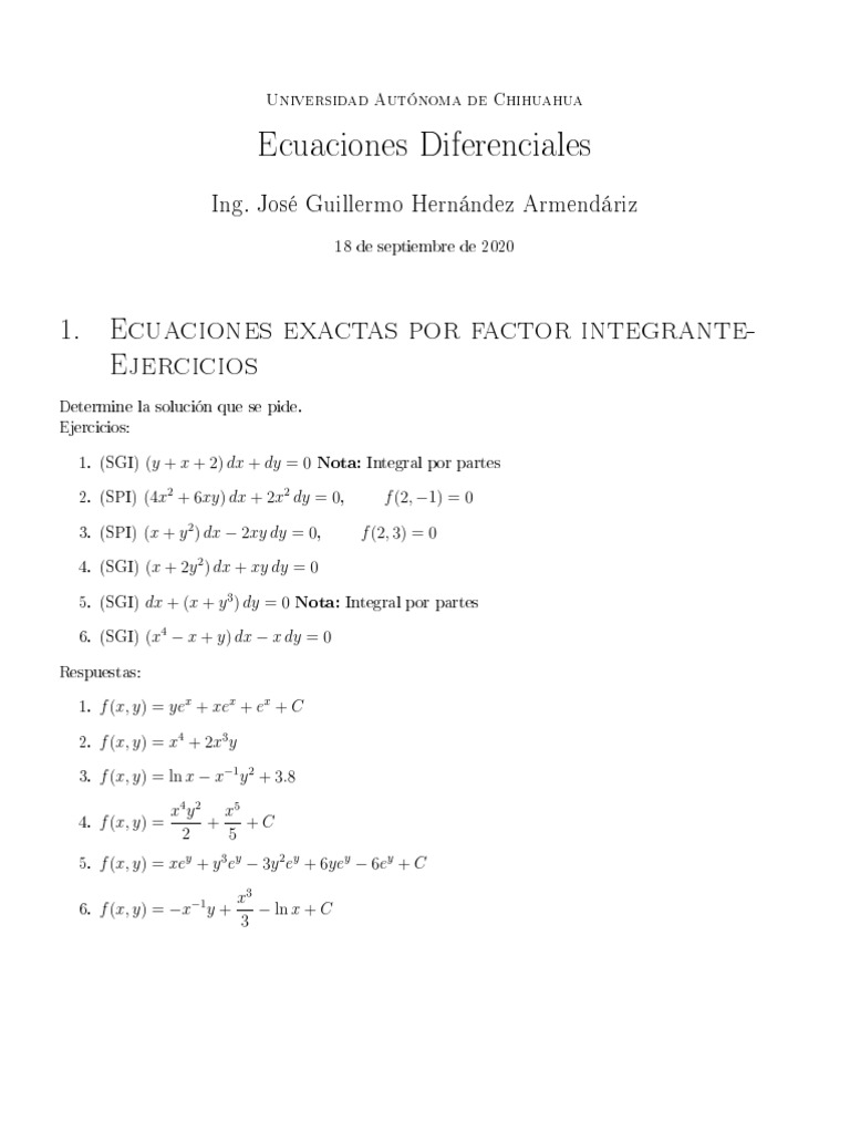 Ecuaciones Exactas Por Factor Integrante Ejercicios | PDF