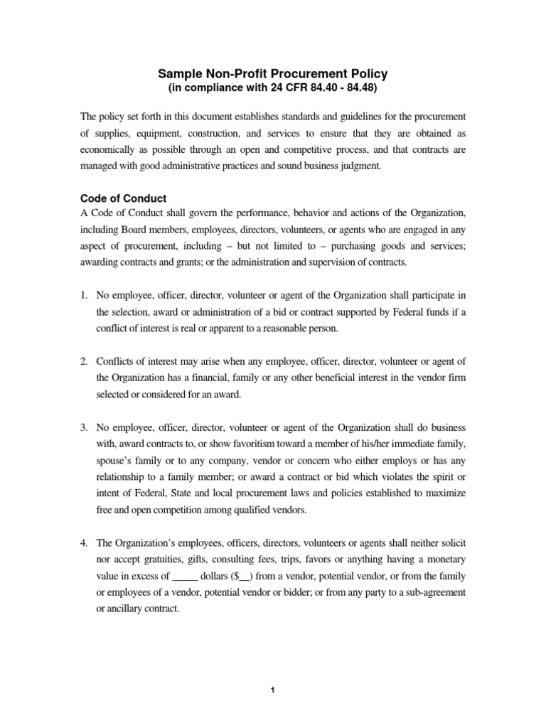Sample Non-Profit Procurement Policy: (In Compliance With 24 CFR 84.40 ...