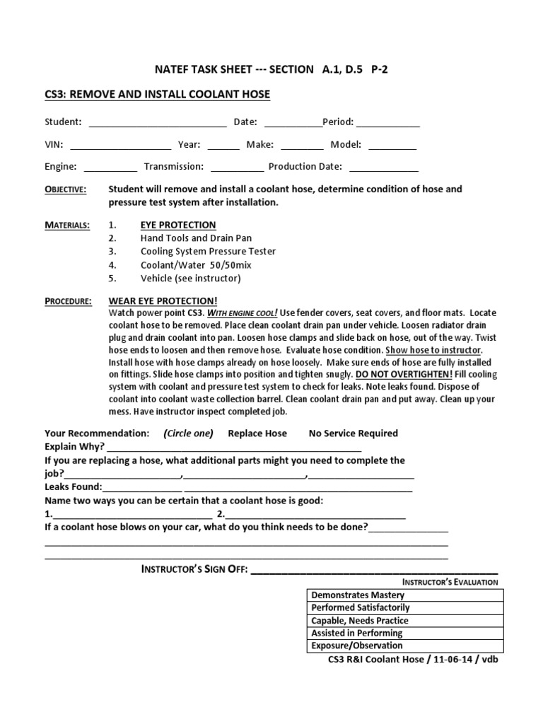 Natef Task Sheet - Section A.1, D.5 P-2 Cs3: Remove and Install Coolant ...