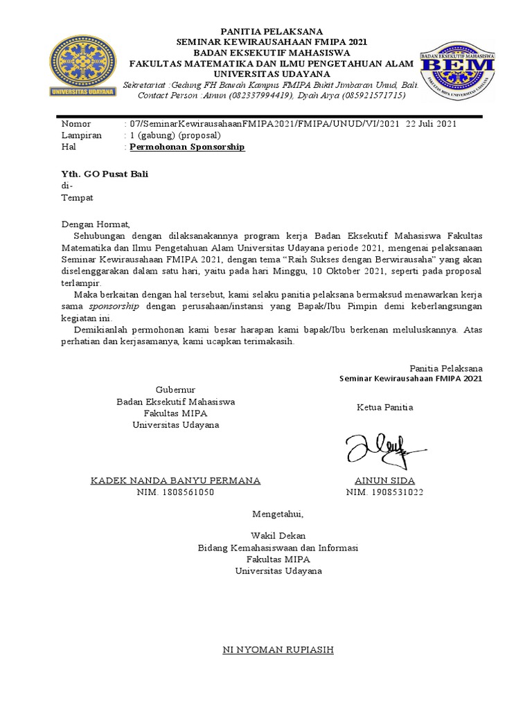 Surat Permohonan Proposal No Surat 7-46 | PDF